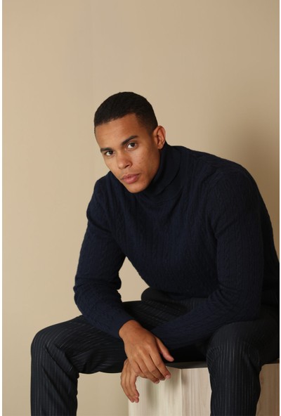 Lufian Anka Tam Balıkçı Erkek Kazak Lacivert