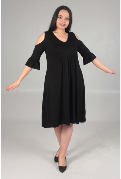 Truva Xxl Büyük Beden Kadın Giyim Omuz Detaylı Viskon Penye Elbise Siyah ELB057