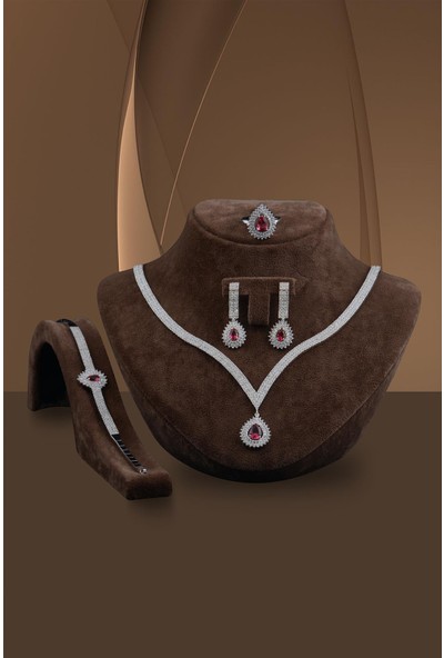 Osmanlı Gümüş Arissa Kadın Yakut Taşlı Gümüş Su Yolu Set - Kolye, Bileklik, Küpe, Yüzük
