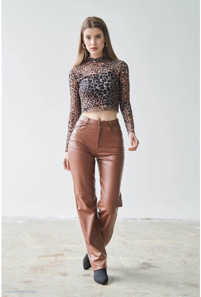 Rennkli Dikiş Detaylı Deri Palazzo Pantolon - Kahverengi