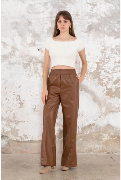 Rennkli Yüksek Belli Deri Palazzo Pantolon - Kahverengi Rennkli Yüksek Belli Deri Palazzo Pantolon - Kahverengi