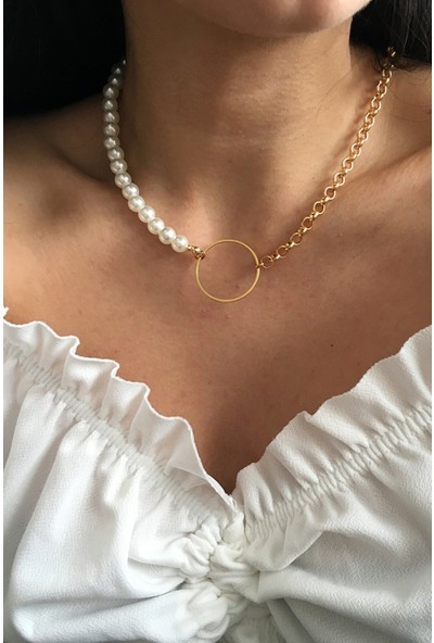 His Takı Incili Halka Detaylı Zincir Kolye 42 cm