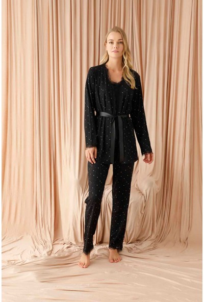 Kadın Siyah Lıngerıe Viskon Özel Dantel Işlemeli 3'lü Takım