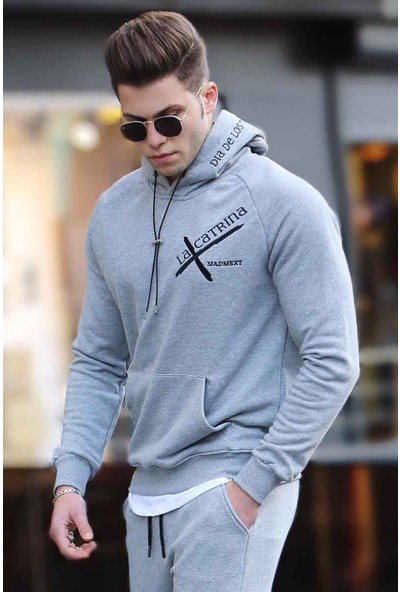 Madmext Baskılı Gri Kapşonlu Sweatshirt 4431
