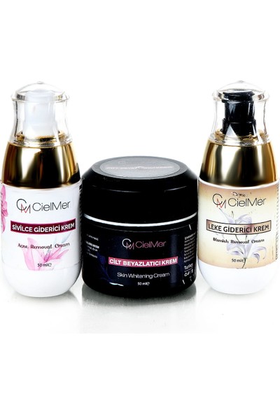 CielMer Leke Karşıtı Güneş Lekesi Giderici Cilt Bakım Kremi 50 ml , Cilt Beyazlatıcı ve Aydınlatıcı Krem 50 ml ve Sivilce ve Akne Karşıtı Siyah Nokta Giderici Temizleyici Cilt Kremi 50 Ml(3'lü Set) CielMer Leke Karşıtı Güneş Lekesi Giderici Cilt Bakım Kremi 50 ml , Cilt Beyazlatıcı ve Aydınlatıcı Krem 50 ml ve Sivilce ve Akne Karşıtı Siyah Nokta Giderici Temizleyici Cilt Kremi 50 Ml(3'lü Set)