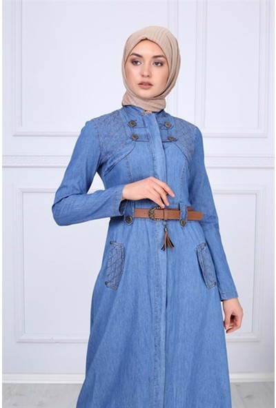 Moda Mihram Çift Düğmeli Tesettür Kot Elbise Açık Moda Mihram Çift Düğmeli Tesettür Kot Elbise Açık