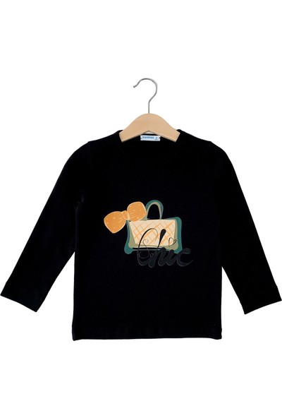 Mavipink - Kız Çocuk So Chic Baskılı Siyah Uzun Kollu Tshirt