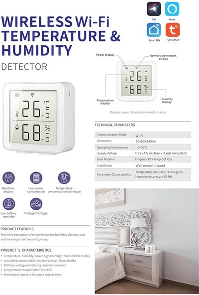 Tuya Wifi Sıcaklık Nem Dedektörü Kapalı Higrometre