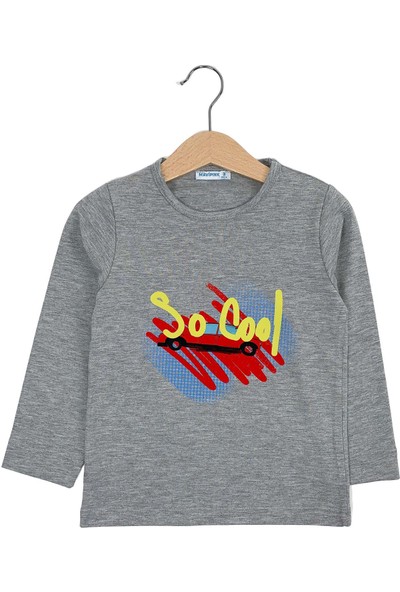 Mavipink - Erkek Çocuk %100 Pamuklu So Cool Araba Baskılı Gri Uzun Kollu Tshirt