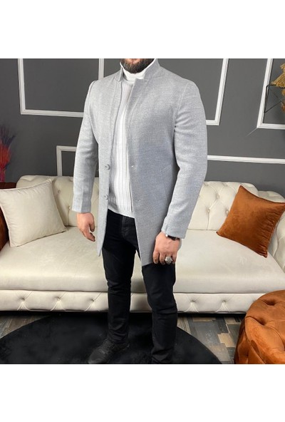 Leonmen Italyan Stil Yün Kaşe Kaban Gri