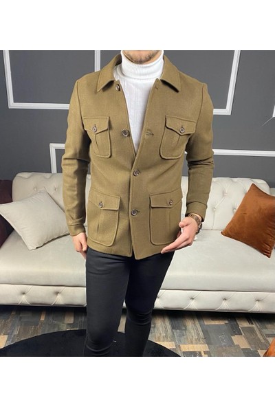 Leonmen Italyan Stil Erkek Trençkot Kışlık Kaşe Kaban Cepli Yeşil