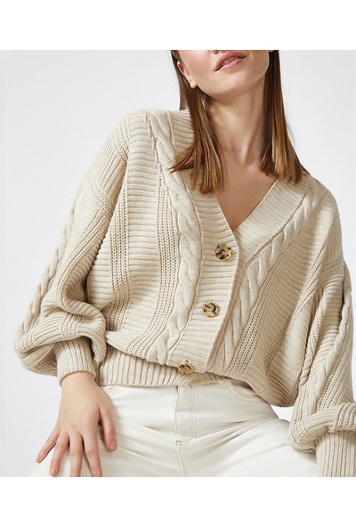 AQE FASHION Kadın Örgülü Balon Kollu Salaş Triko Hırka Krem