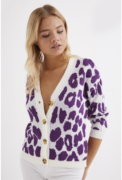 AQE FASHION Kadın Leopar Desenli Hırka Mürdüm