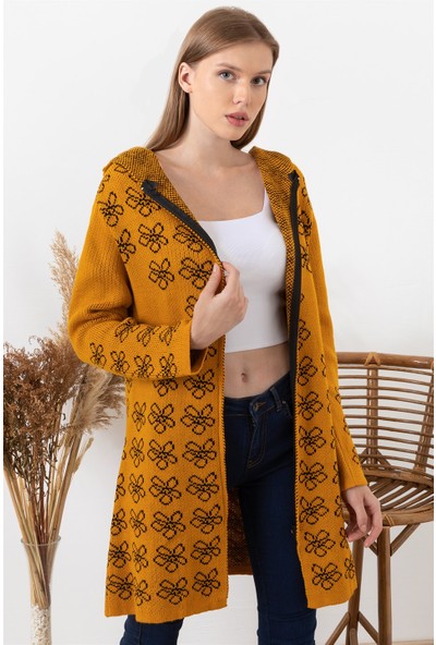 AQE FASHION Kadın Hardal Çiçek Desenli Kapüşonlu Hırka