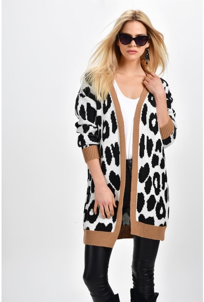 AQE FASHION Kadın Leopar Desenli Uzun Beyaz Hırka