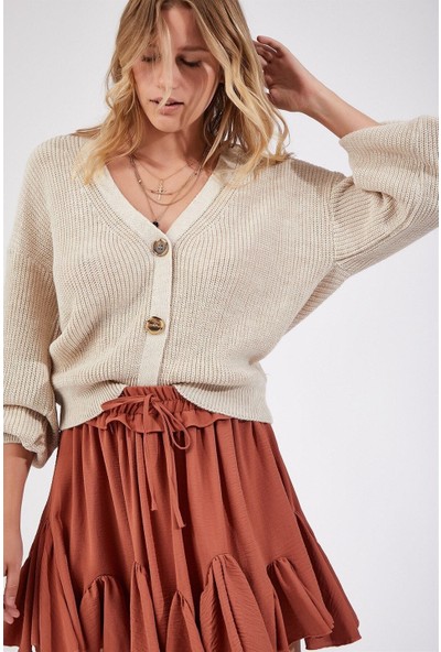 AQE FASHION Kadın Taş Rengi 3 Düğmeli Kolu Volanlı Hırka