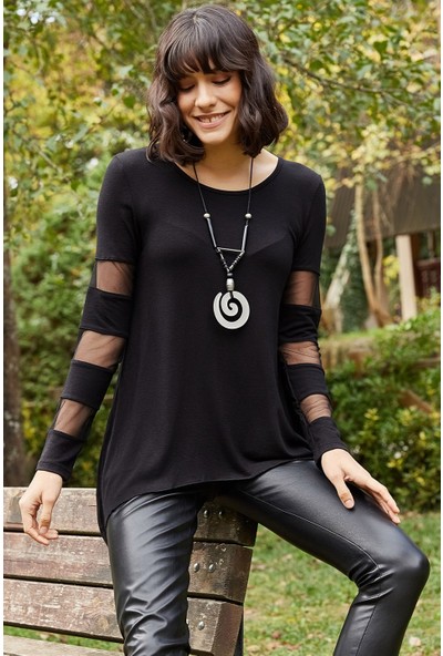 AQE FASHION Kadın Kolu Tül Detaylı Yuvarlak Yaka Siyah Bluz