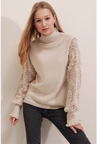 AQE FASHION Kadın Tas Yarım Balıkçı Kolu Dantel Detaylı Kazak