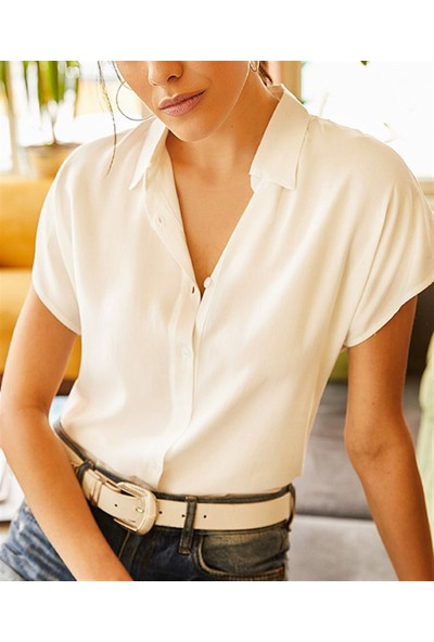 AQE FASHION Kadın Yarasa Kol Düğme Kapamalı Gömlek Ekru