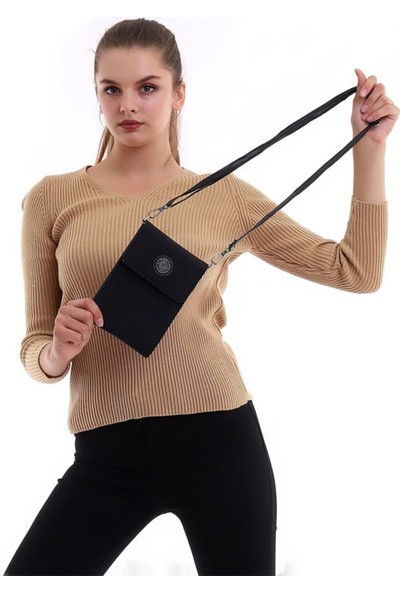 Kadın Siyah Krinkıl Telefon Bölmeli Omuz Çantası