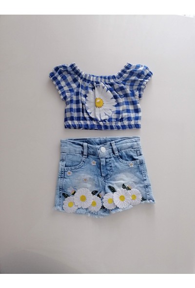 Ekoseli Çiçek Baskılı Kız Şortlı Takım