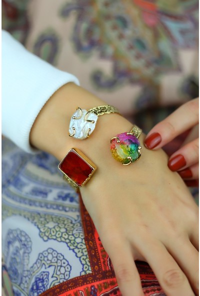 Molly Akik, Inci ve Solar Agat Doğaltaşlı Ayarlanabilir Bilezik