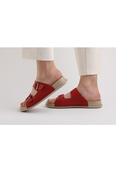 7AdımdaAşk Kırmızı Kadın Terlik Hakiki Deri Rahat