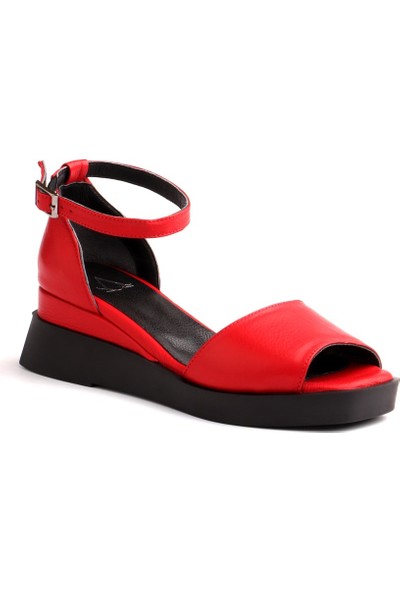 7AdımdaAşk Kırmızı Kadın Sandalet Hakiki Deri Rahat