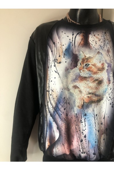 Kadın Sweatshirt Deri Detaylı Kristal Taşlı