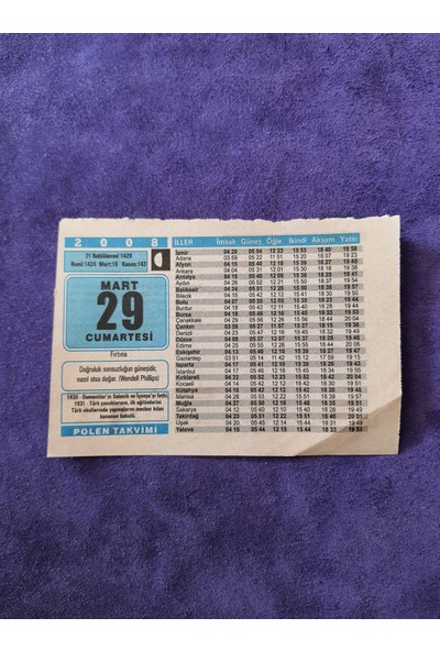 Hasyılmaz 29 Mart 2008 Takvim Yaprağı Nostaljik Koleksiyonluk Takvim Yaprağı