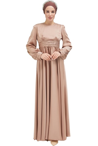 Moda Echer Saten Kumaş Kemer Detaylı Tesettür Abiye Elbise 7682