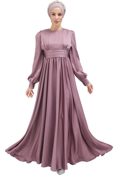 Moda Echer Saten Kumaş Kemer Detaylı Tesettür Abiye Elbise 7682