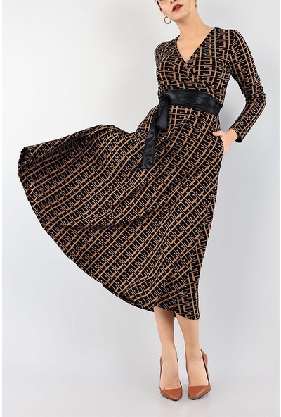 Laren Moda Kahverengi Kruvaze Yaka Kemerli Uzun Elbise Laren Moda Kahverengi Kruvaze Yaka Kemerli Uzun Elbise