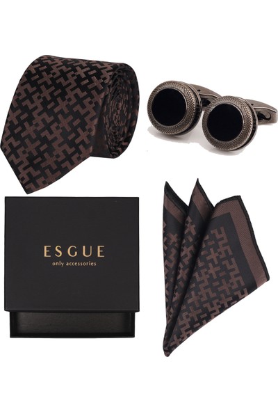 Esgue Kol Düğmesi & Kravat & Mendil Hediye Seti