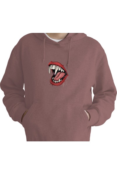 Gzl Teks Vampir Dişi Baskılı Cepli ve Kapüşonlu Sweatshirt