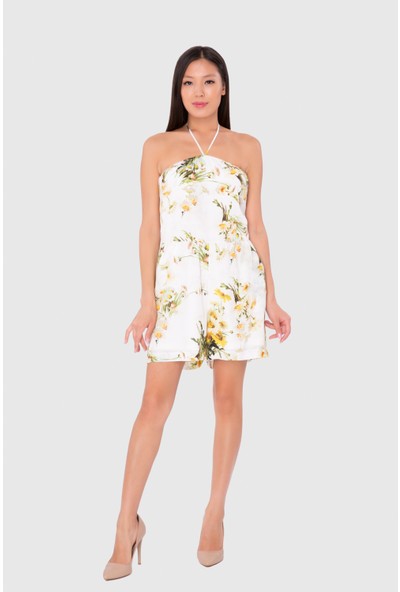 GIZIA Boyundan Bağlamalı Çiçek Desenli Ekru Tulum