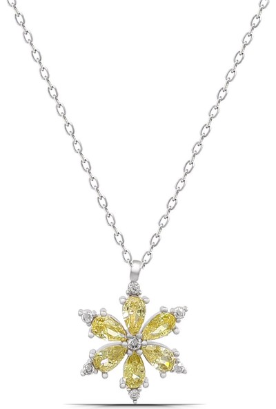 Parmas Design Kadın Çiçek Tasarım Sarı Taşlı 925 Ayar Gümüş Kolye