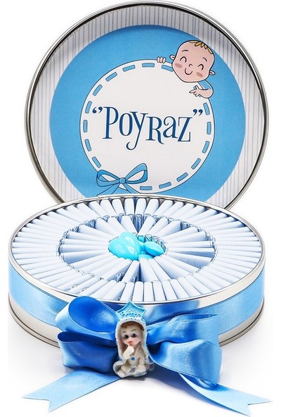 Nin Chocolate Nin Erkek Bebek Çikolatası Metal Yuvarlak Kutu Mavi Çizgi Baskılı (80 Adet Napoliten Çikolata)