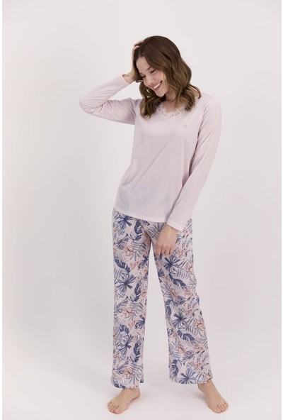 Arnetta 1441 Yaprak Desenli Gül Kurusu Kadın Uzun Kol Pijama Takımı