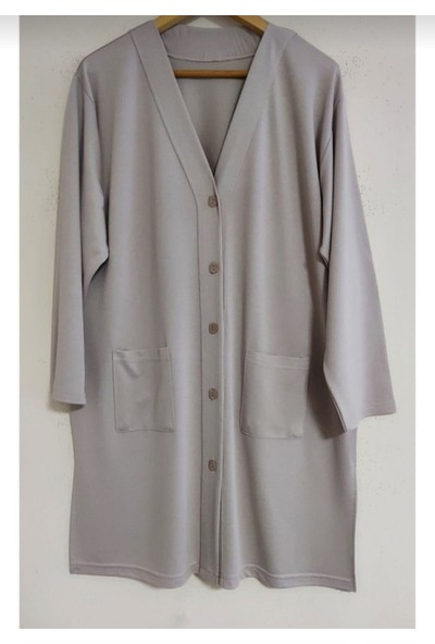 HMZ Kadın Gri Uzun Cepli Penye Anne Hırka