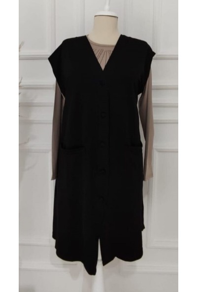 HMZ Kadın Siyah Uzun Anne Penye Yelek