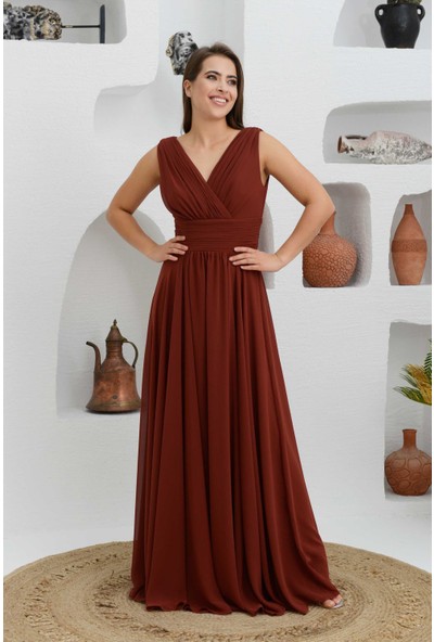 Carmen Kiremit Şifon V Yaka Uzun Abiye Elbise