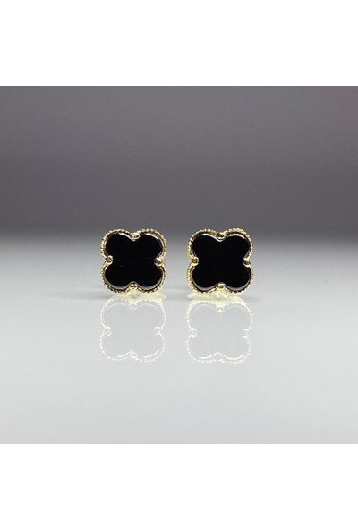 Hür Gold 14 Ayar Altın Siyah Yonca Küpe