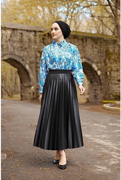 Astarsız Deri Görünümlü Piliseli Etek