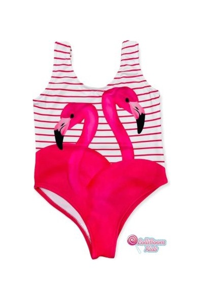 Kız Çocuk Flamingo Desen Pembe Beyaz Çizgili Yeni Sezon Mayo 2022