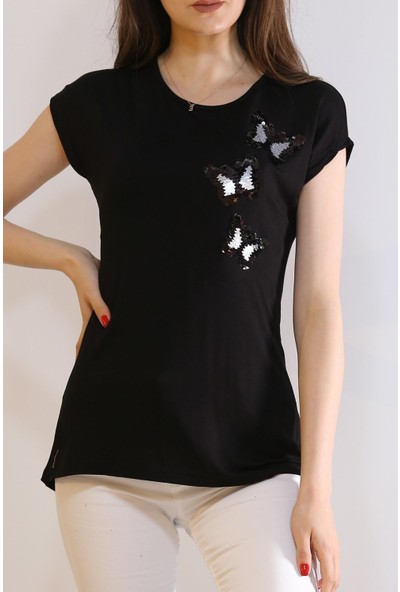 Bernam Butik Kelebek Pullu Tişört Siyah