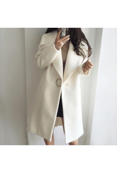 Incendio 2022 Kadın Büyük Yaka Beyaz Orta Uzunlukta Koza Tipi Yün Ceket (Yurt Dışından)