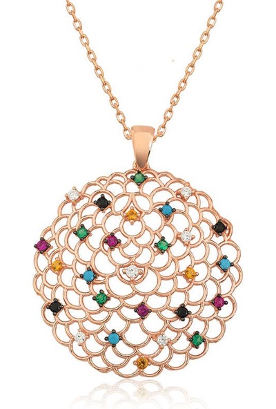 Gumush Gumush geometrik Desenli Madalyon Gümüş Kolye