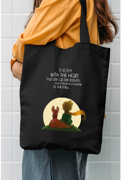 Çınar Bez Çanta Little Prince Baskılı Siyah Kanvas Çanta