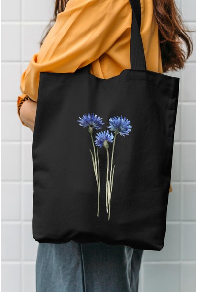 Çınar Bez Çanta Mavi Çiçekler Baskılı Siyah Kanvas Çanta